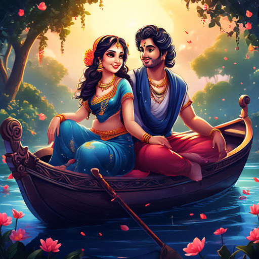 Generate an illustration of radha and krishna sitting on a b... by Ilsa ...