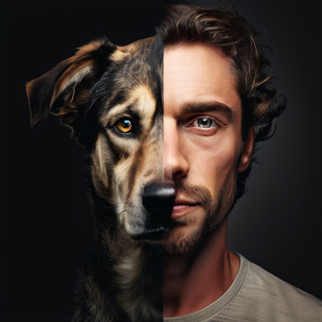 Create a image of a man whose face is half human and half do... by Anuj ...