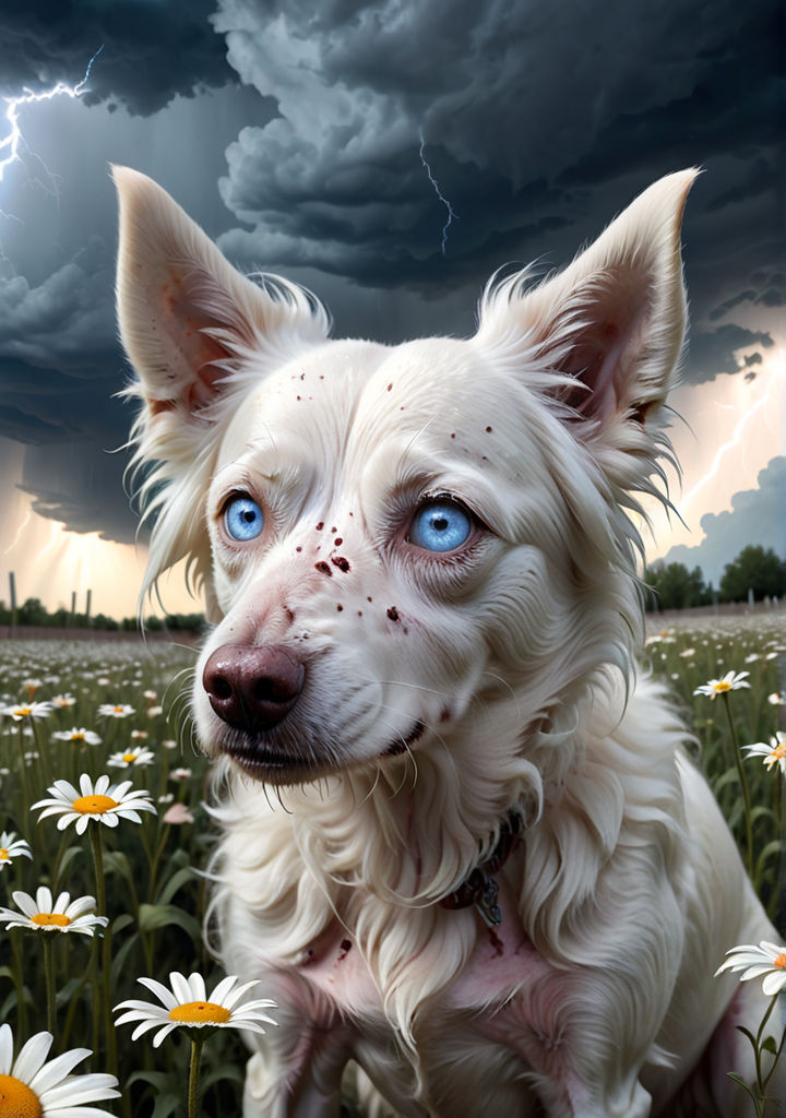 A portrait of a scary realistic frail white dog with blue ey... by ...