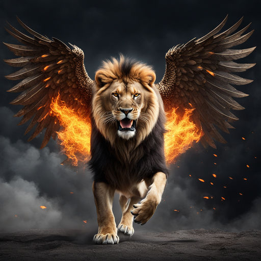 Angry lion with two wings and fire attacking from sky to cat... by ...
