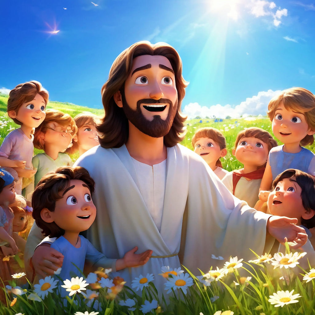 Pixar-style animation still of Jesus surrounded by children by Criança ...