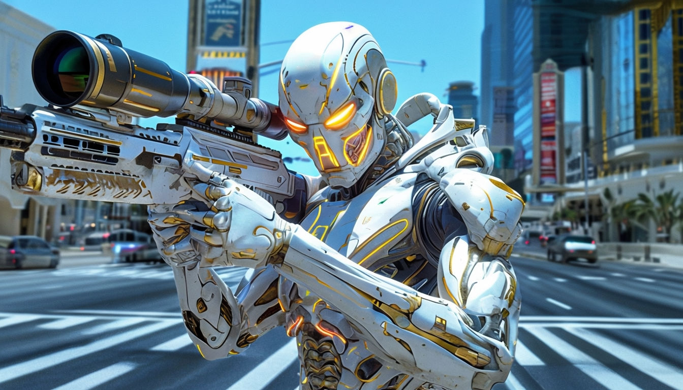 An 8K cyberpunk commando sniper armor suit in combat positio... by ...