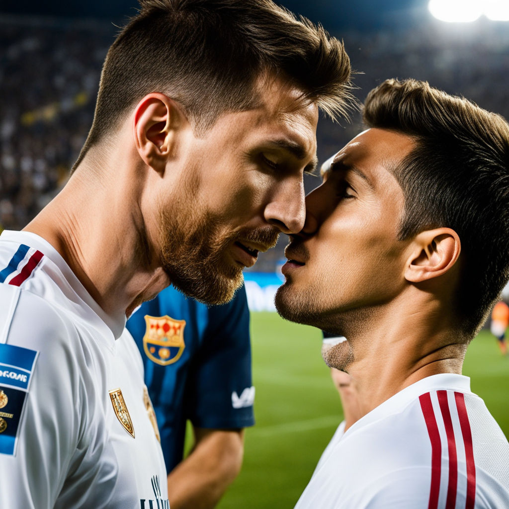 Lionel Messi planting a friendly peck on the cheek of Cristi... by ...
