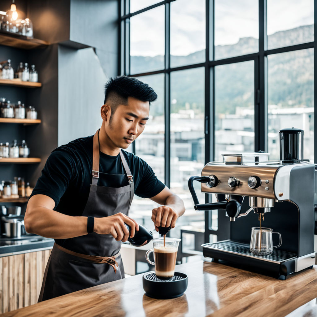 Asian barista making coffee in a modern coffee shop with lar... by Marc El Ayari - Playground