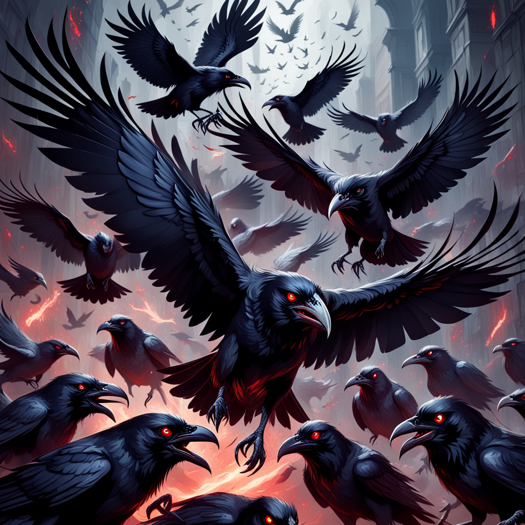 A swarm of menacing ravens with red eyes by Bruno Marcon - Playground