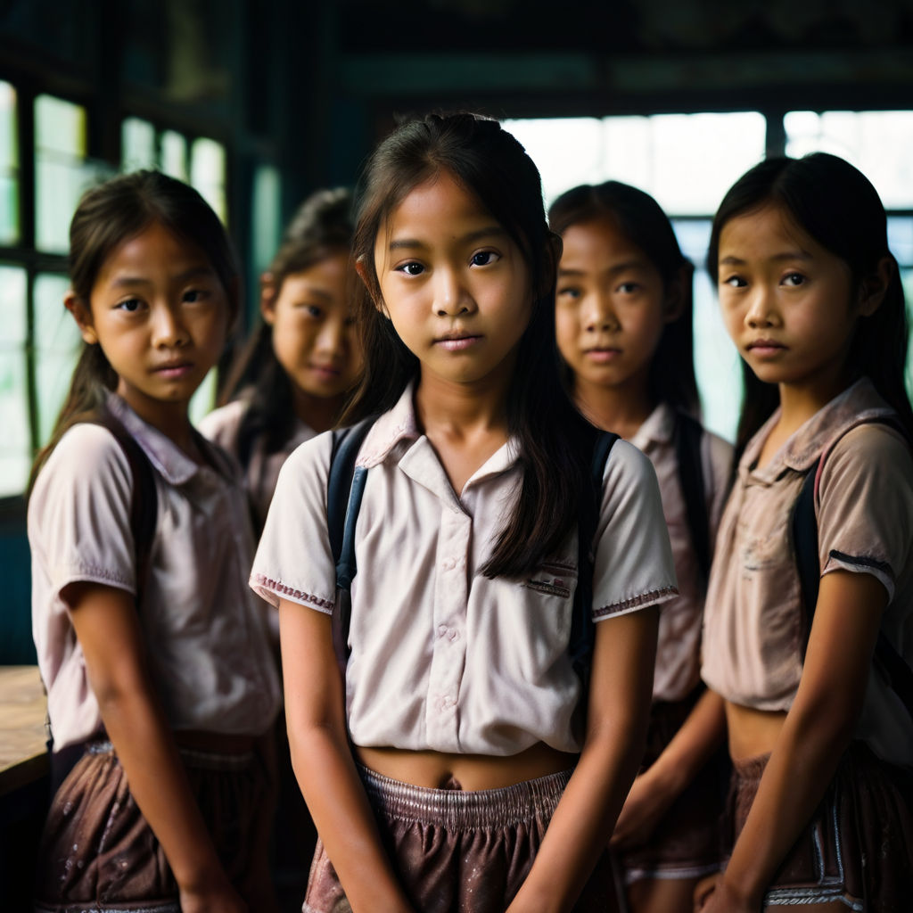 Five young thai girls wearing only underwear in classroom. T... by Sai Sahoo - Playground