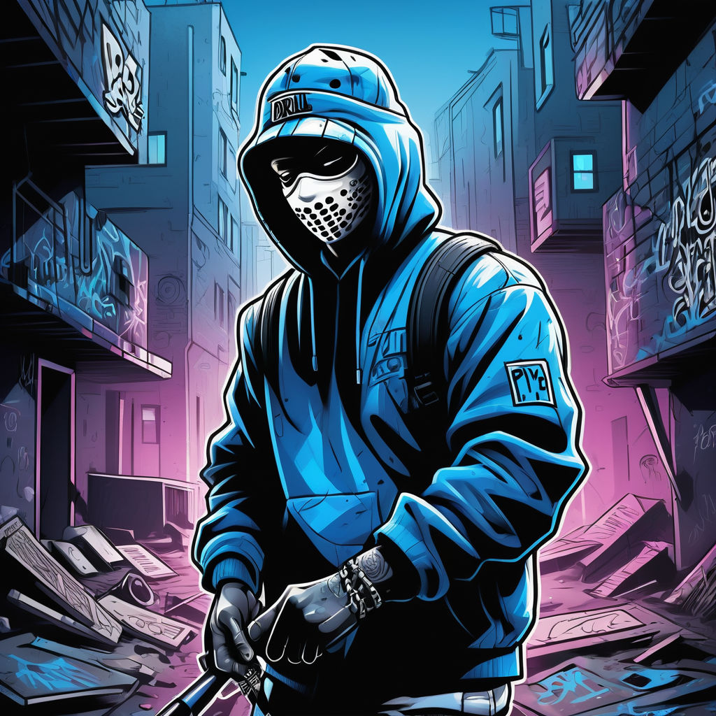 Cartoon style illustration of a drill rapper wearing a ski m... by ...