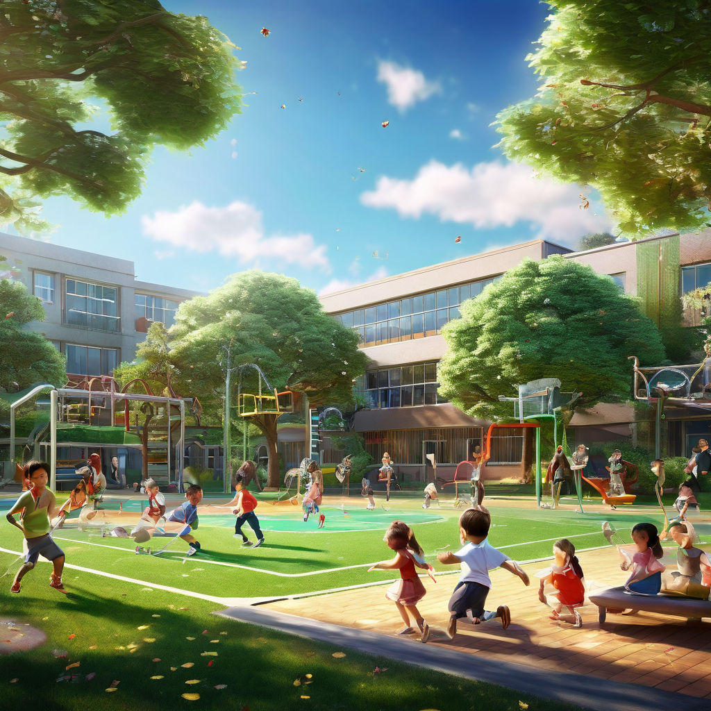 A lively school playground with children playing various gam... by ...