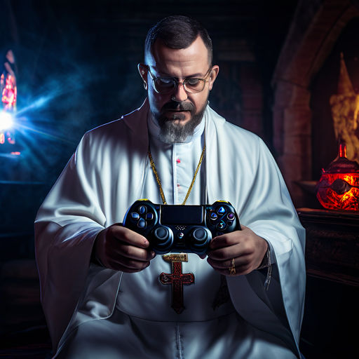 A priest with a game controller in his hands is playing vide... by Юрий ...