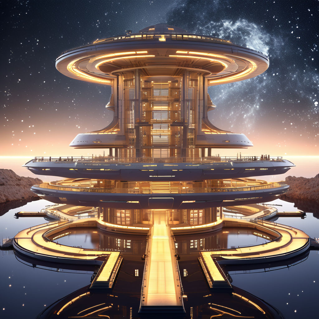 Outer space starship dock building construction with stars b... by ...