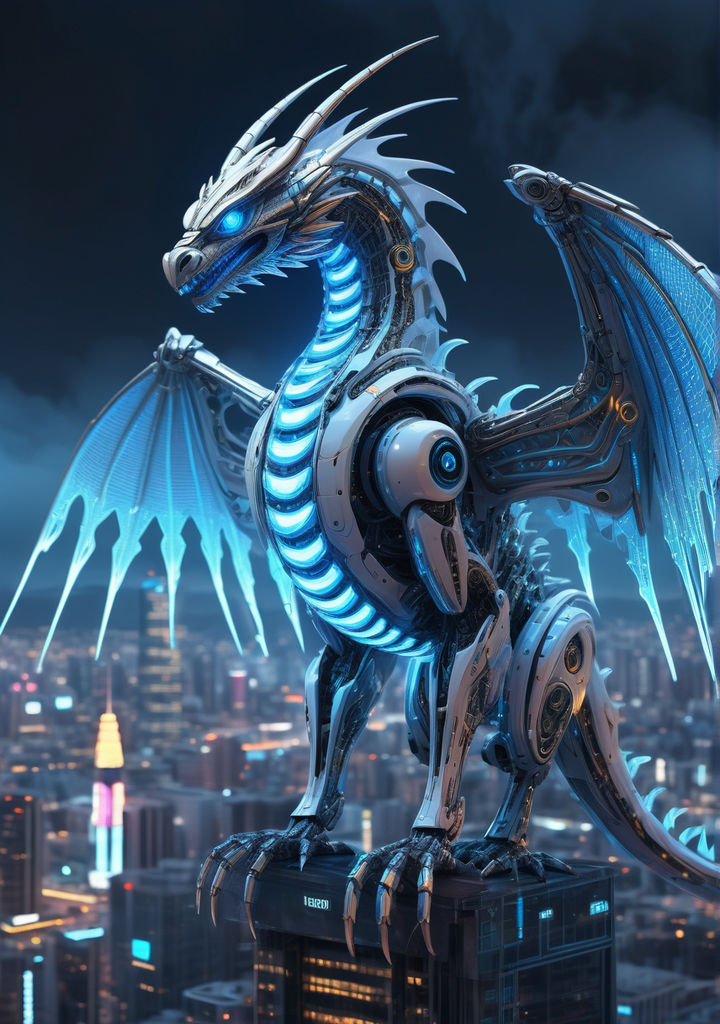Robot dragon perched atop a futuristic cityscape by LY ÑAUPARI - Playground