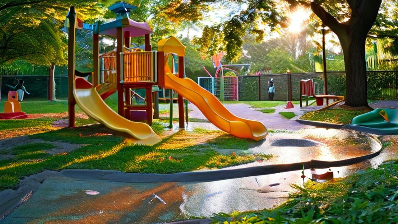 Playground vividly bathed in the soft glow of dawn by Айкын Архатов ...