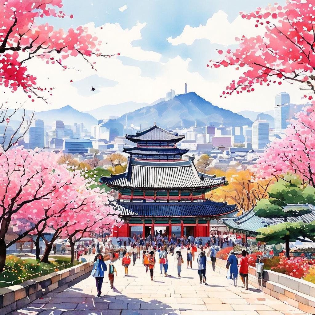 A vibrant and lively watercolor illustration of Seoul by sea - Playground