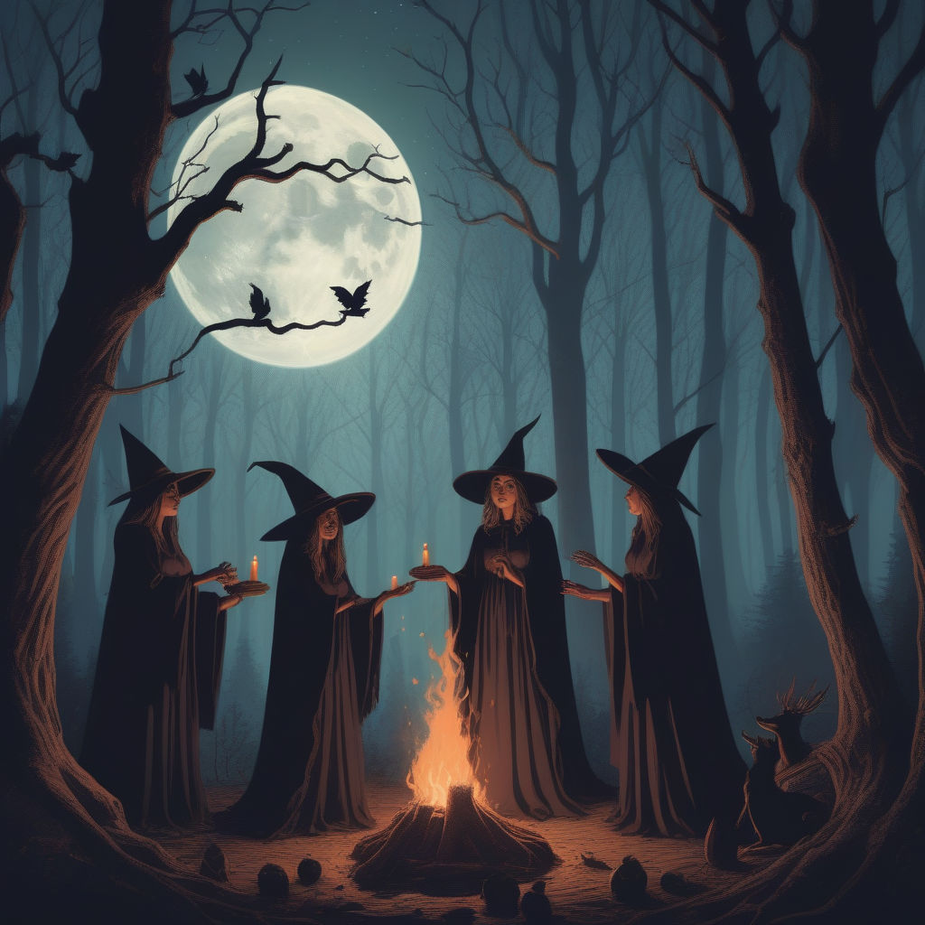 A detailed illustration of a witch's coven performing a ritu... by chan ...
