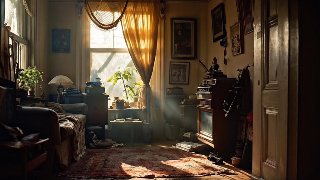 Interior of a lived-in house cluttered with various belongin... by ...