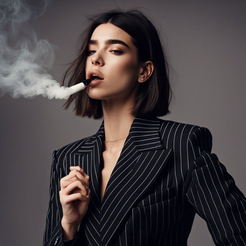 Dua lipa wearing black pinstripe stripe suit. Blowing out sm... by ...