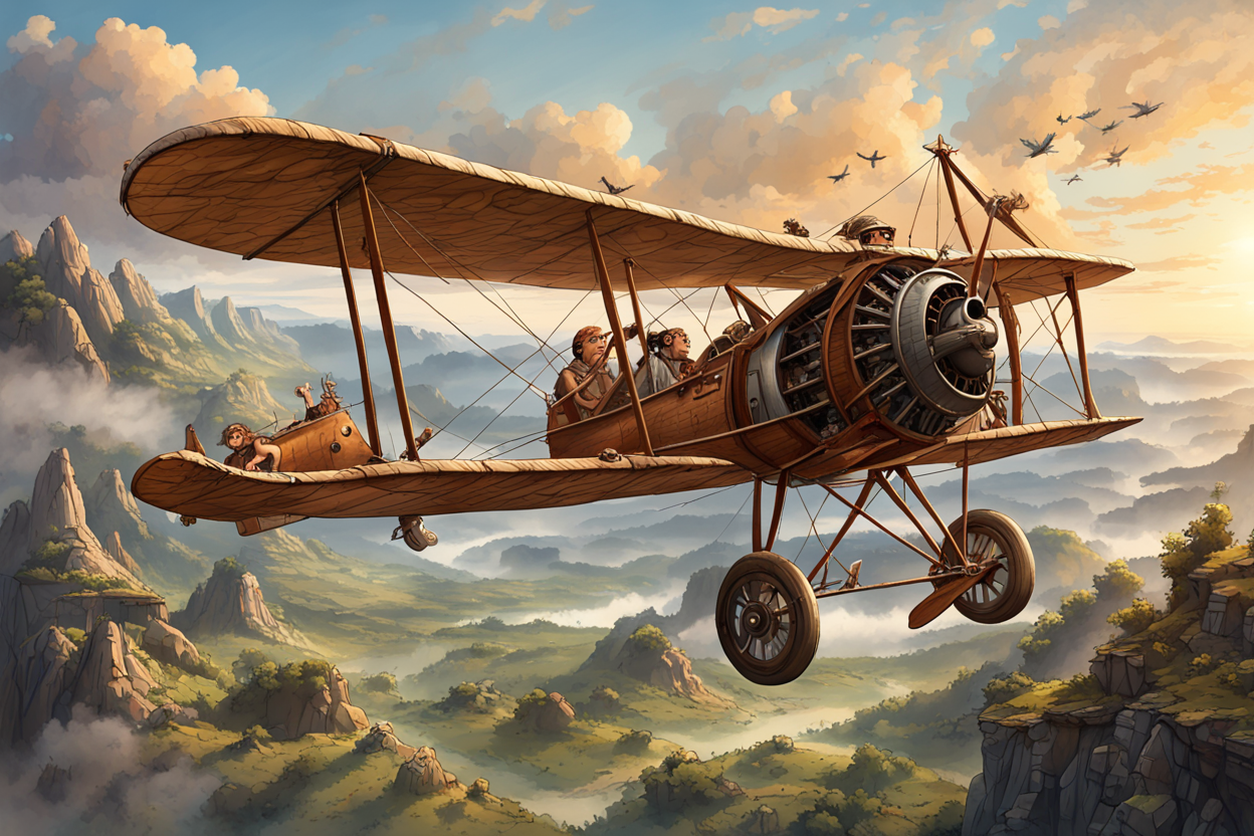 Stone age biplane soaring with Neanderthal woman at the helm by Barbara ...