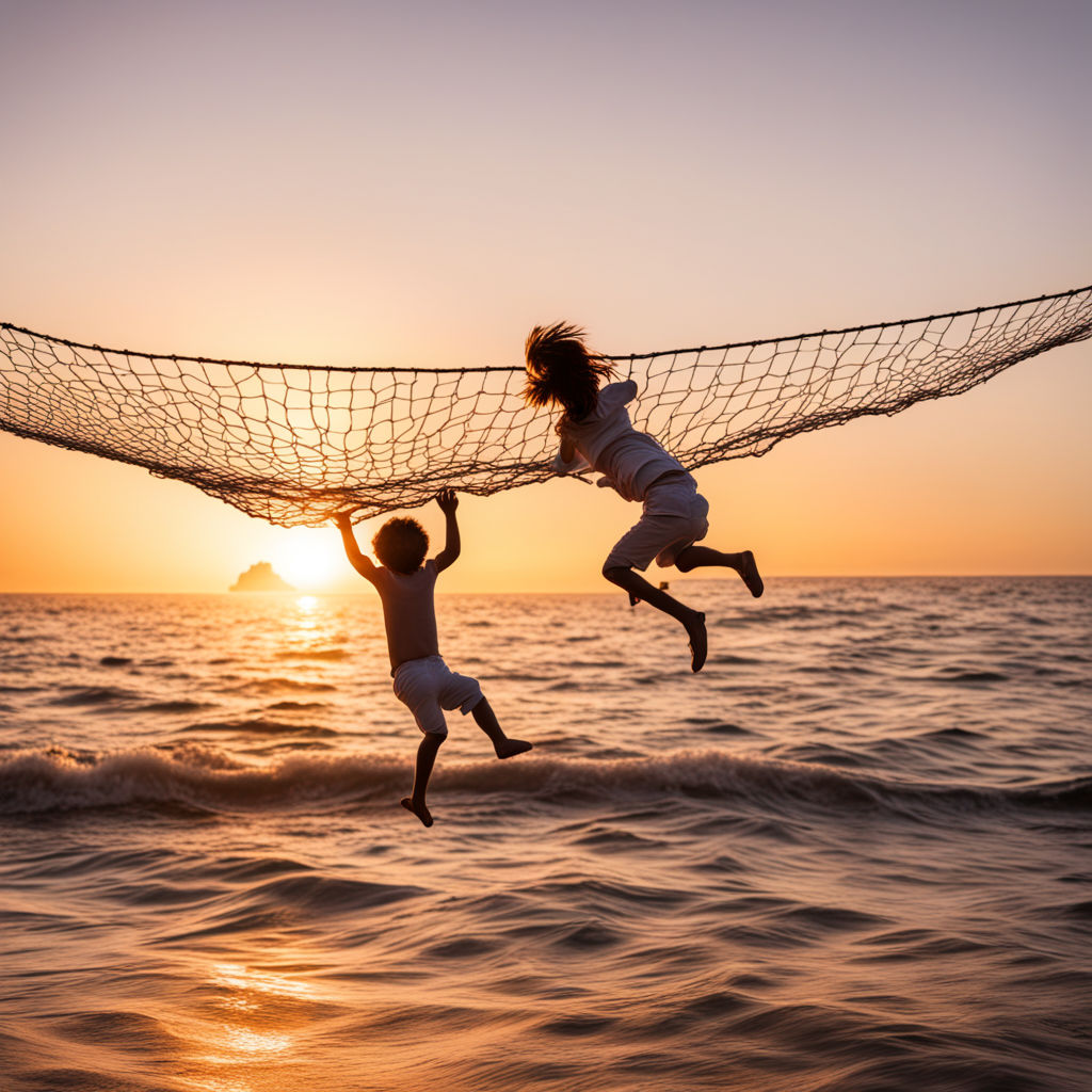 A parent and a child are jumping and falling on a safety net... by ...