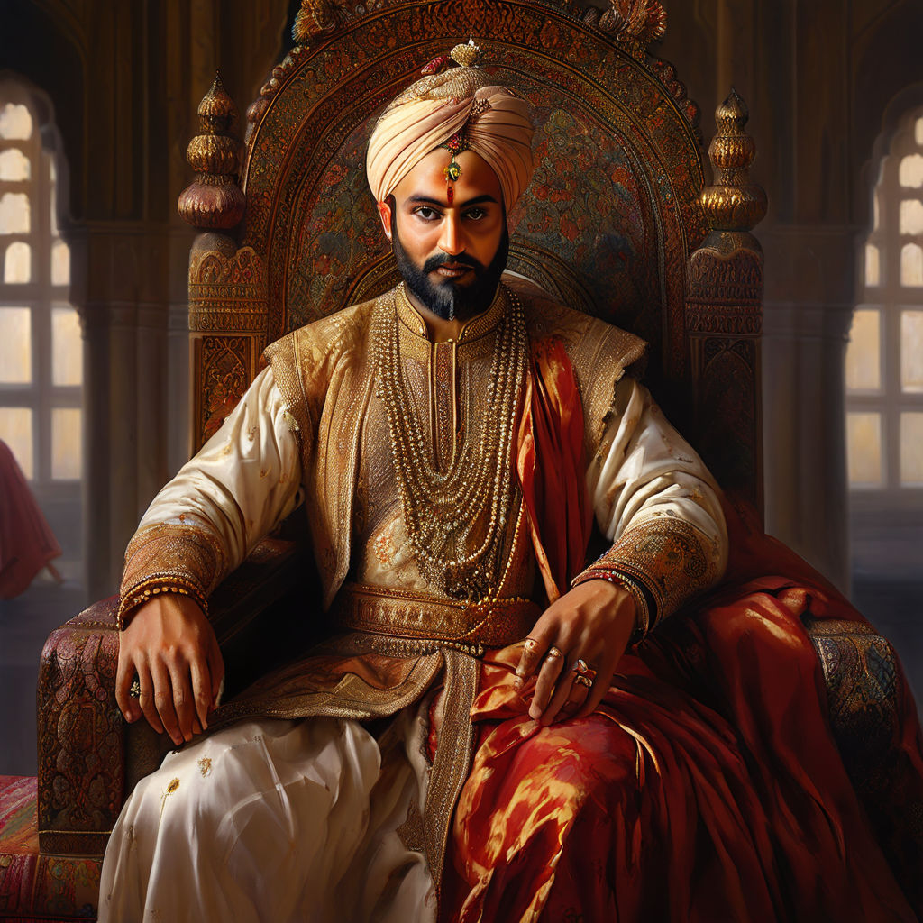 Mughal Emperor Akbar seated regally on an ornate throne by saurabh ...