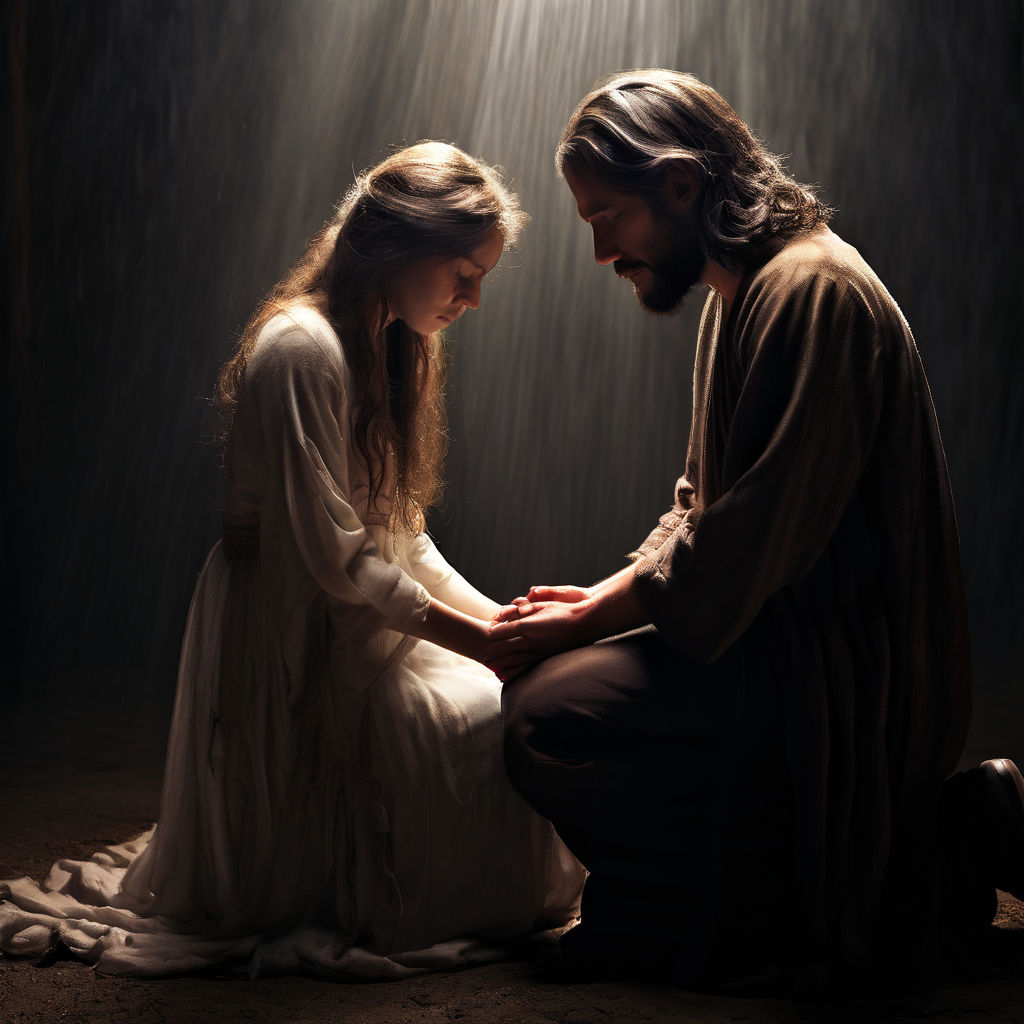 A woman praying on her knees crying Jesus standing behind he... by ...