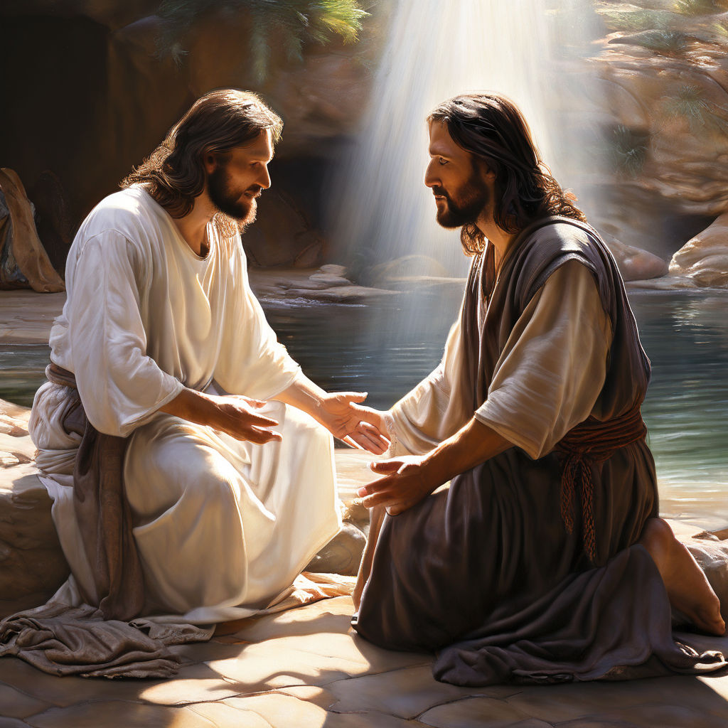 The photo is of a painting of Jesus healing a man at the poo... by ...