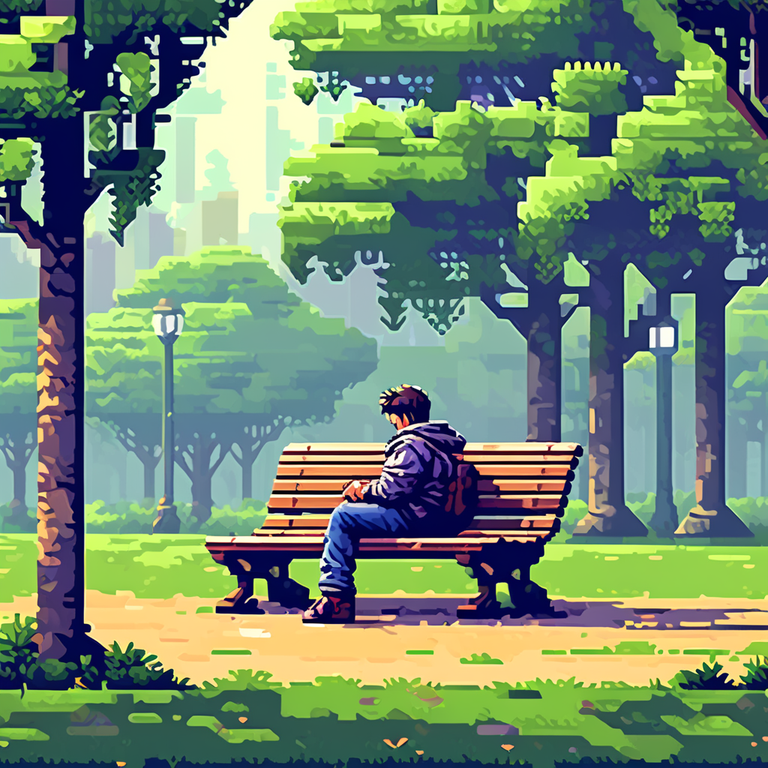 A man sitting on a park bench by Jacque Montague Raymer - Playground