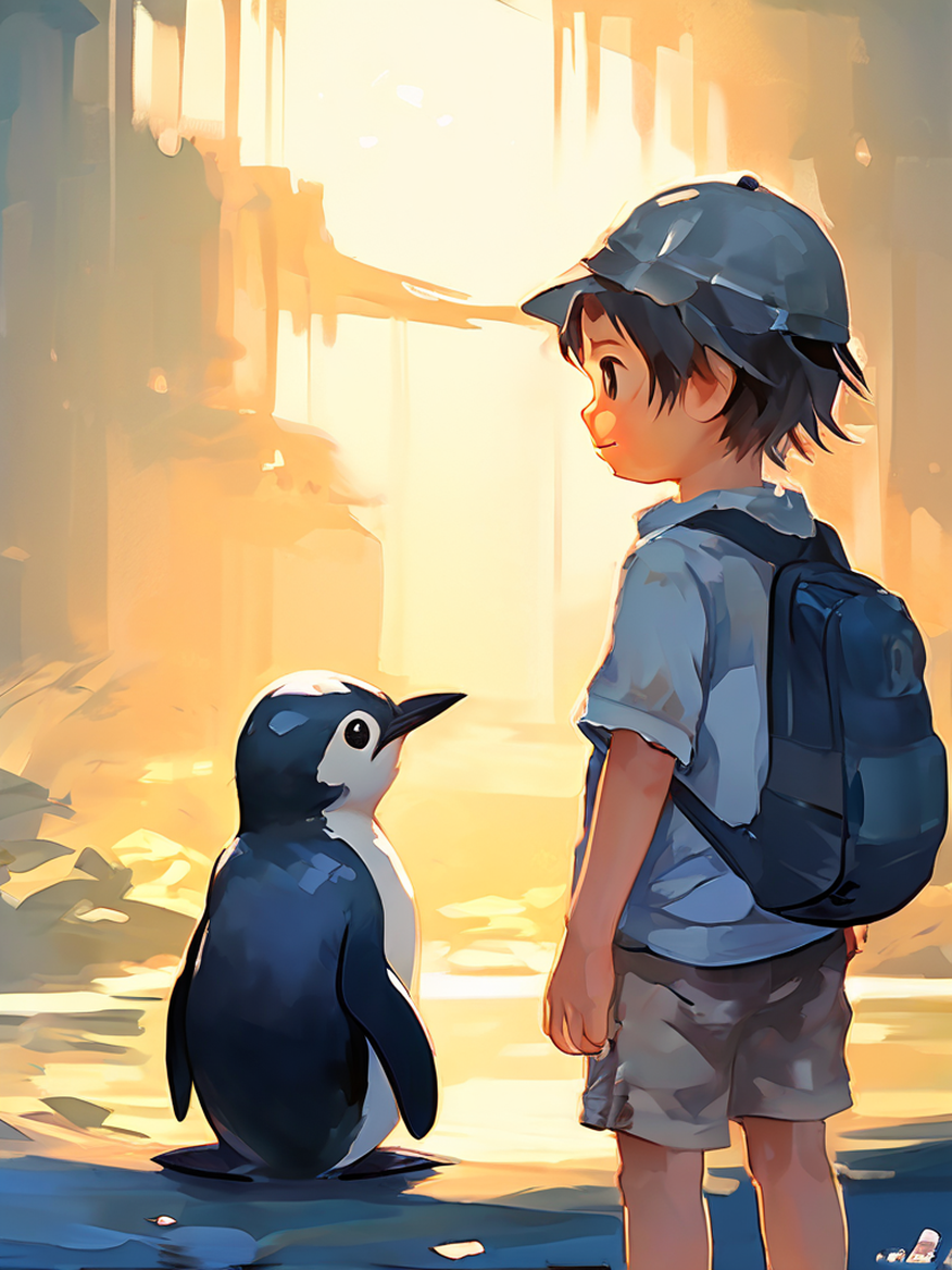 An illustration of a quaint zoo scene featuring two small bo... by ...