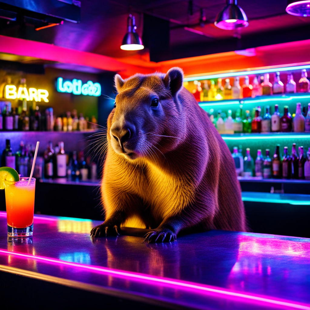 An image of a capybara making cocktails at a bar. Bright neo... by ...