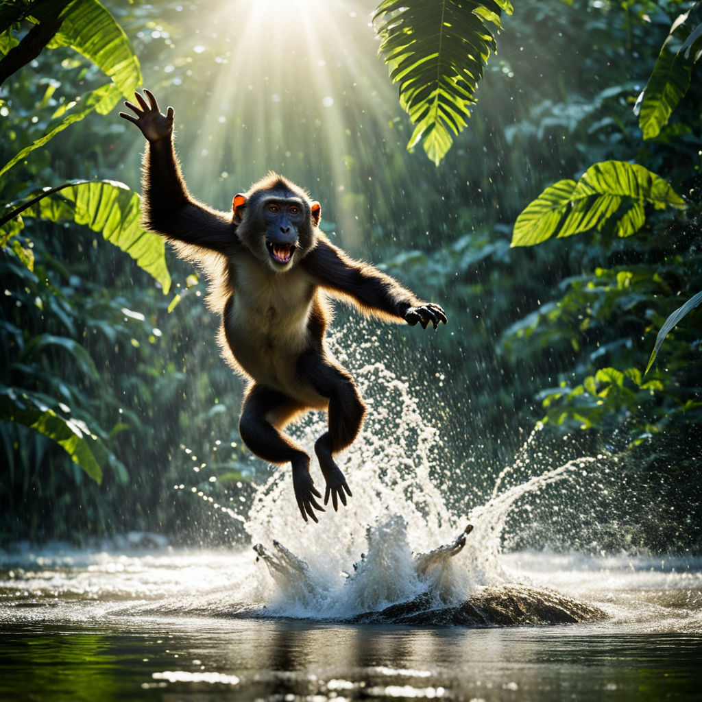 A monkey leaping off the back of a crocodile as it leaps out... by ...