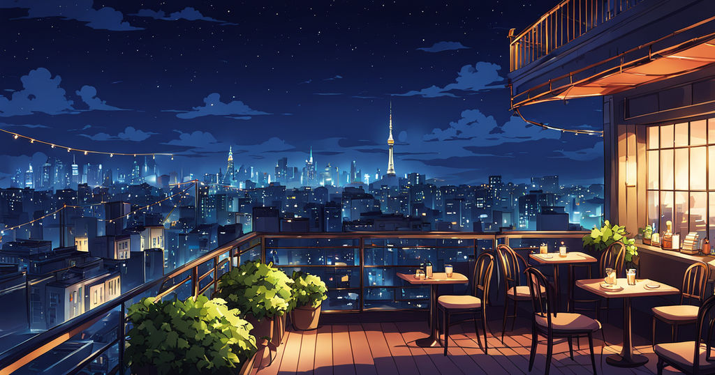 Anime style. Rooftop Cafe the night view of the city. bree... by Lucy ...