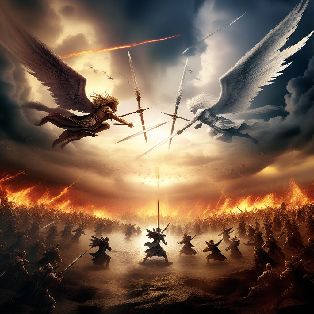 A close up view of good angels fighting bad demons by Prototype ...