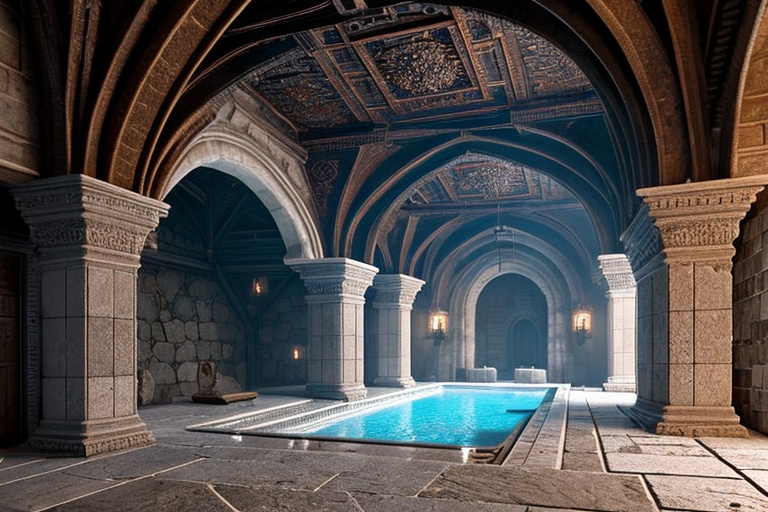 A ultradetailed ground pool in a huge dungeon empty room by Bruno ...