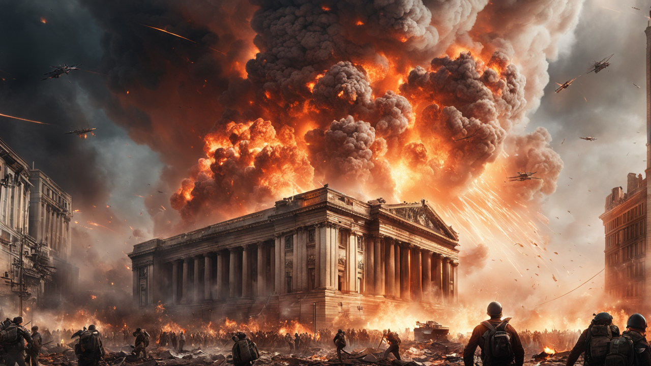 Close-up image of a large building with a big explosion and ... by ...