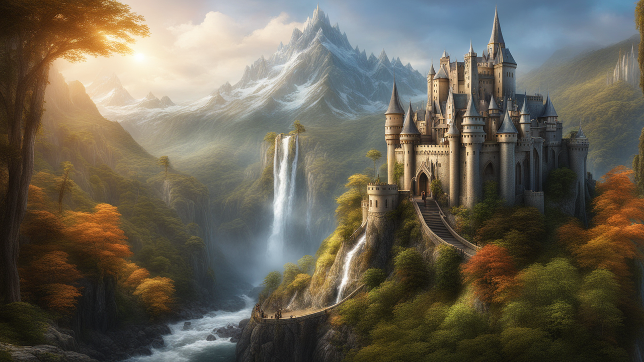 A castle sitting on top of a mountain next to a waterfall by Dawn ...
