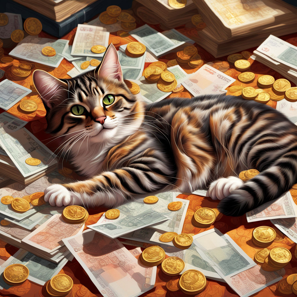 An illustration of a cat reclining contentedly atop an overf... by ...