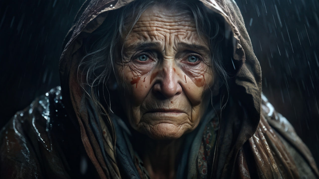 A haggard old woman with tears in his eyes under the heavy r... by Ro ...