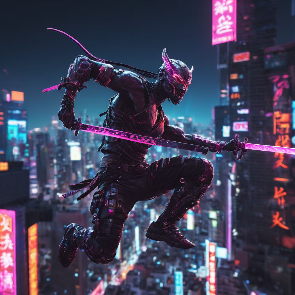 Japanese cyborg demon ninja in mid-leap by Samtation - Playground