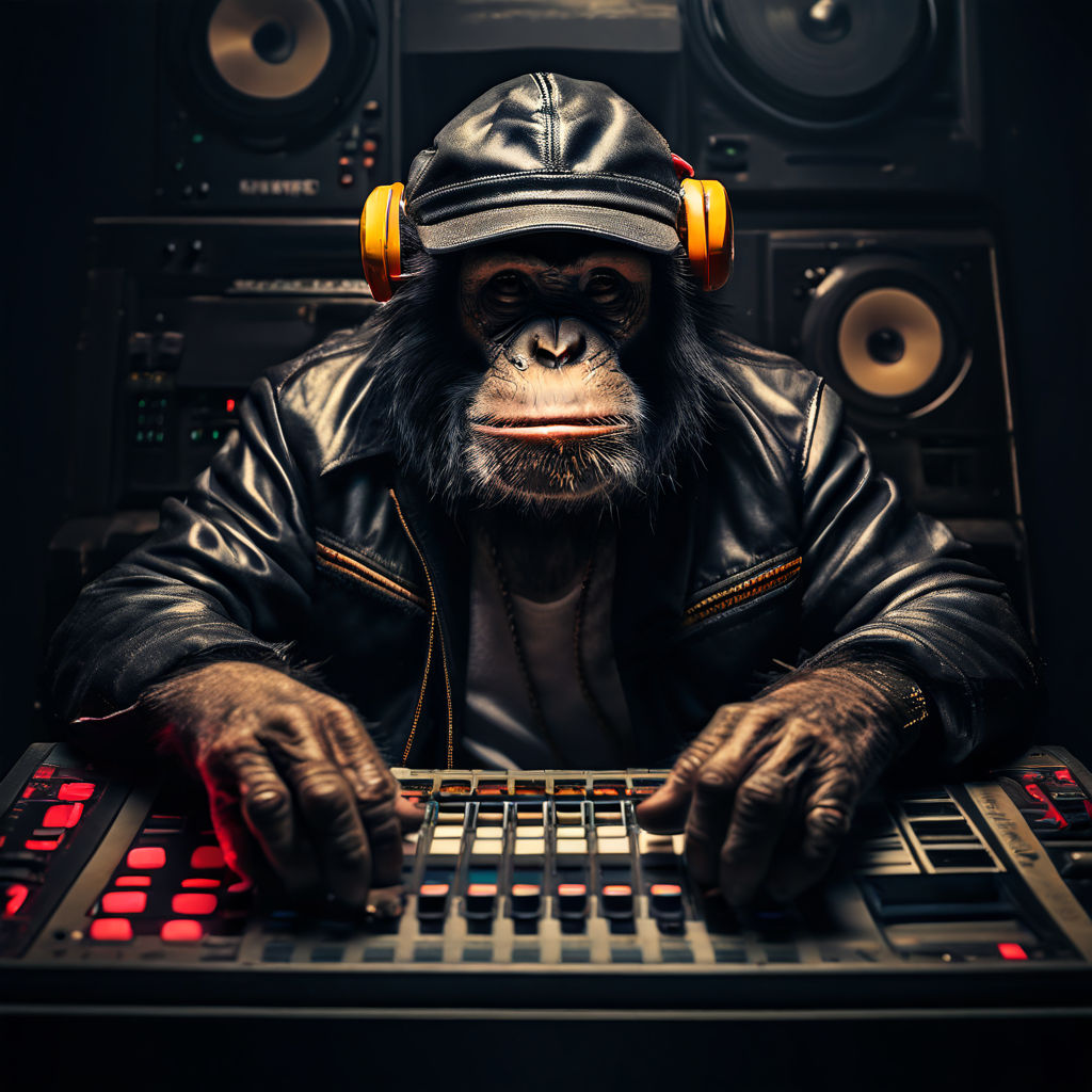 A chimpanzee dressed as a rapper sits at a drum machine by TheAbik74 ...