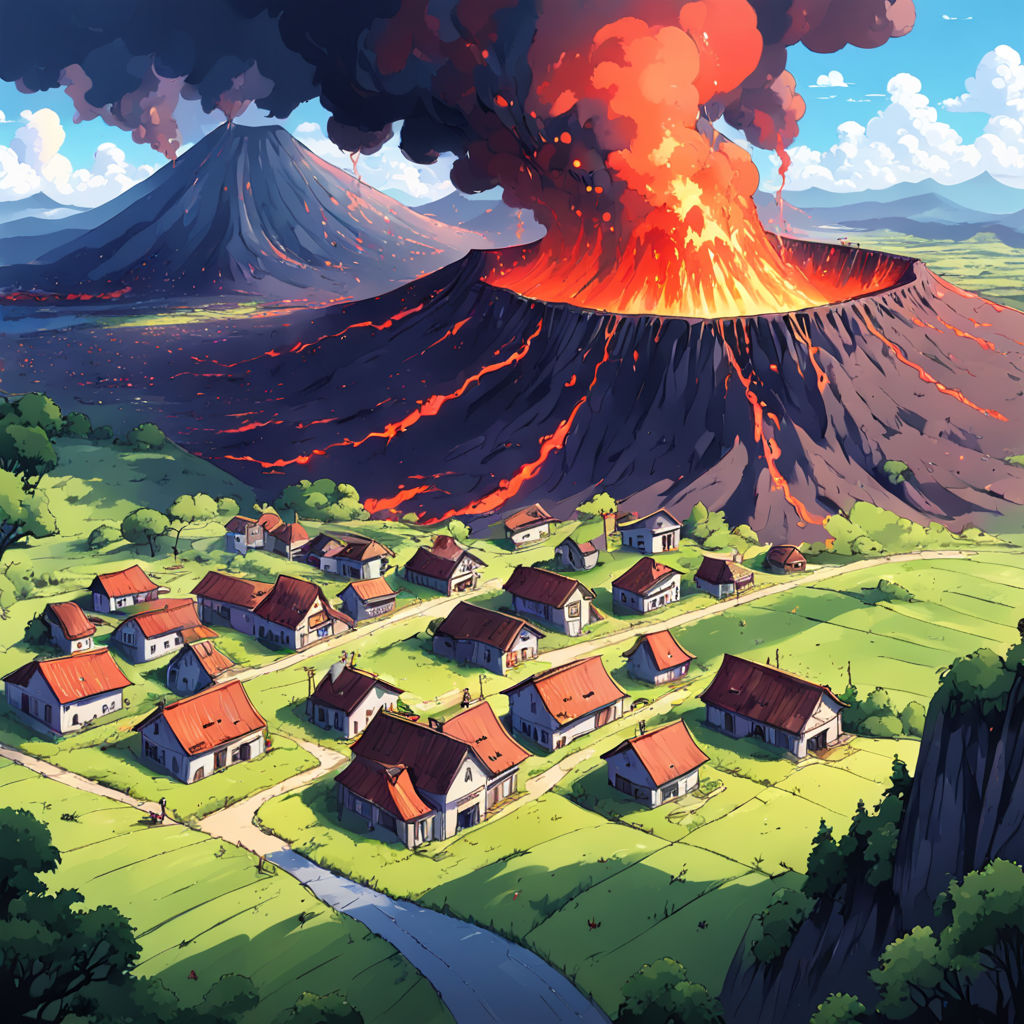 In 90s anime style. A small village inside an active volcano by ...