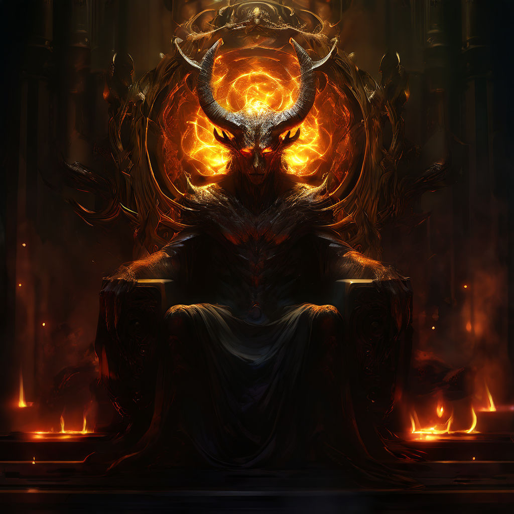 Anime-style demonic entity possessing four luminous golden e... by side ...