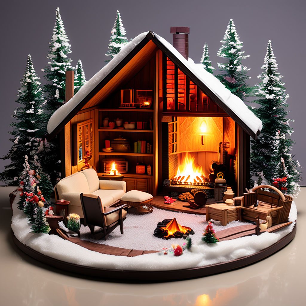 A handcrafted diorama depicting a cozy cabin scene with mini... by ...