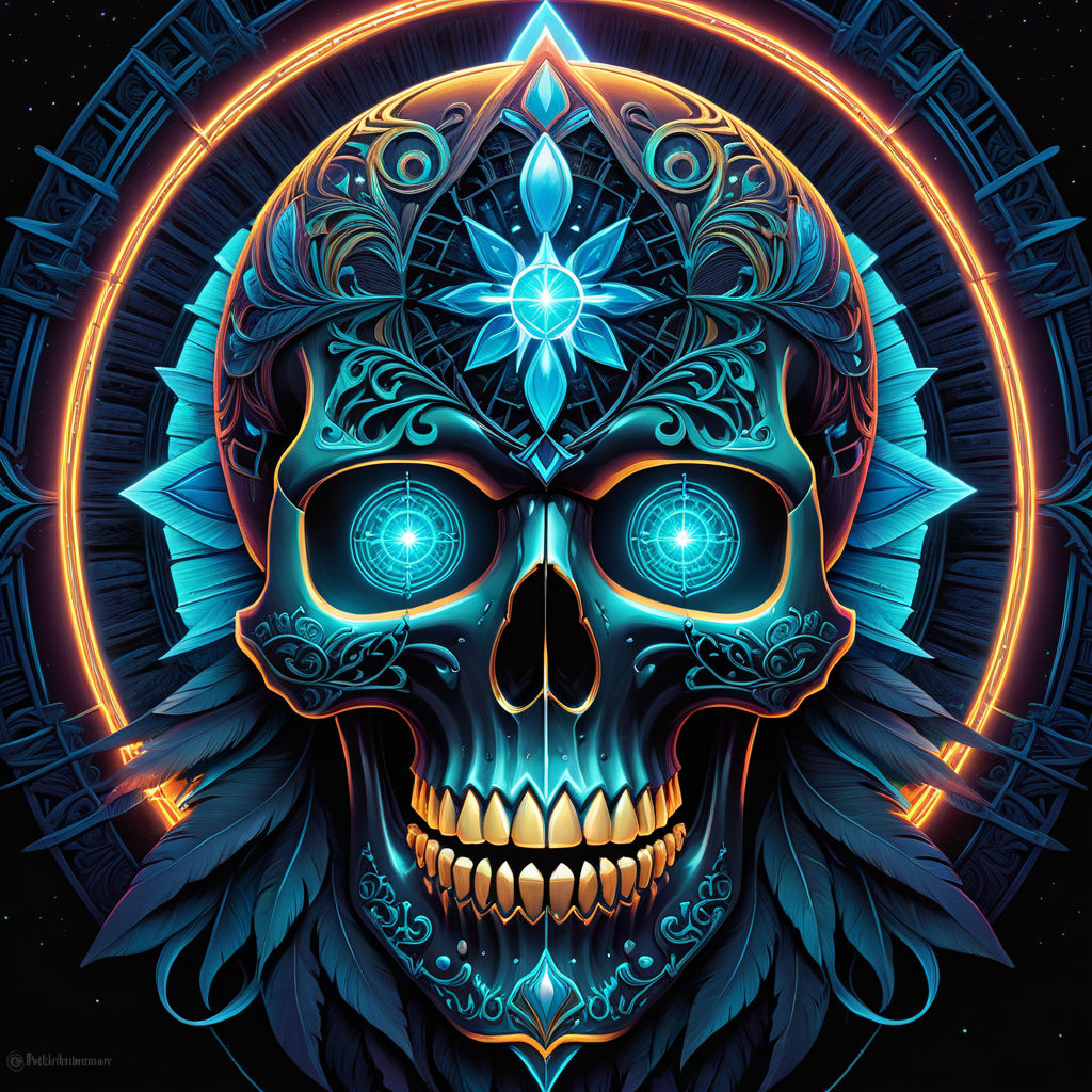 A bioluminescent neon Indian skull centered by vitamin toc - Playground