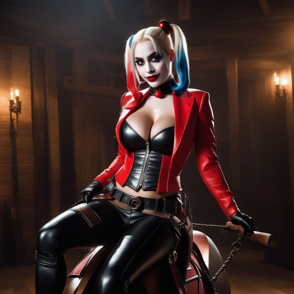 A picture of Harley Quinn riding a wooden horse torture devi... by Ab - Playground