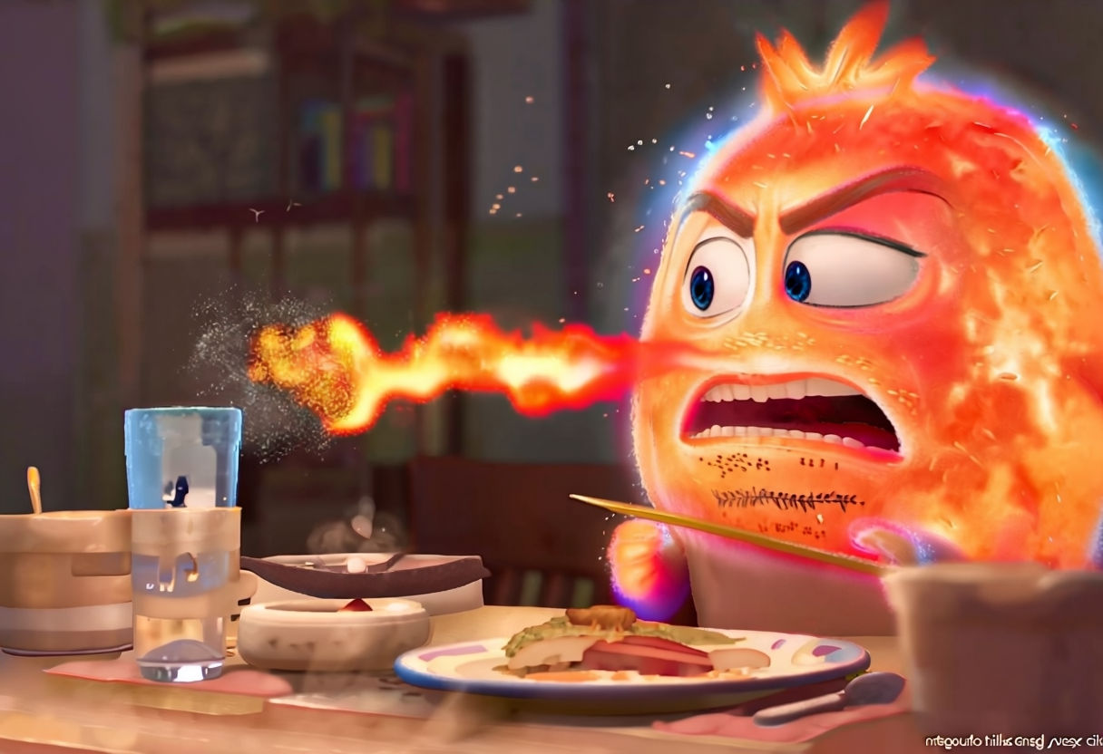 A red Anger in Inside Out movie having dinner by Rean Hawking - Playground