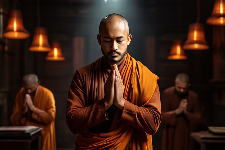 A man is standing with folded hands in front of the monk upd... by ...