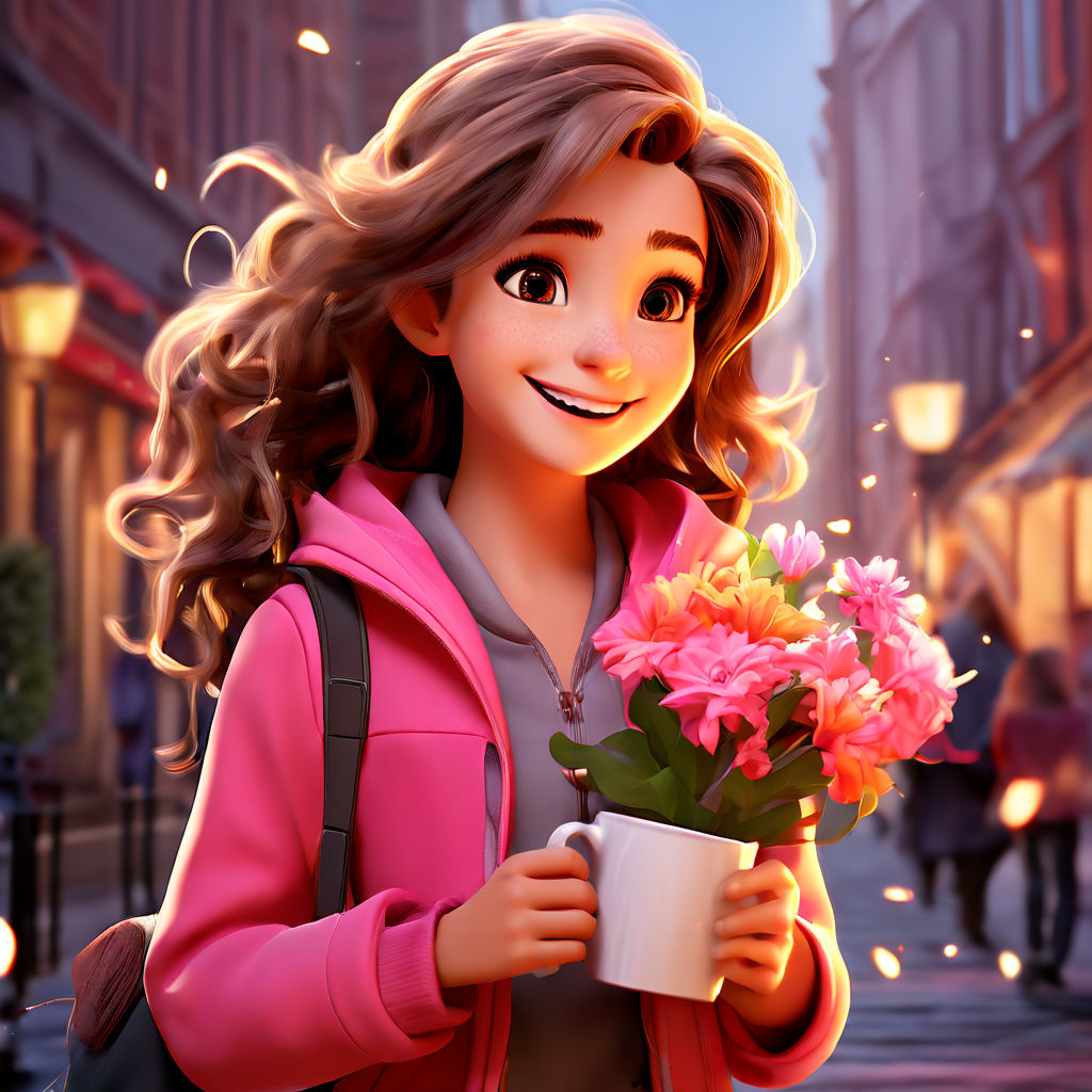 Animated scene captures a cheerful girl wearing a vibrant pi... by ...