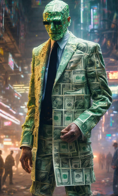 A person wearing a money suit made of interwoven dollar bill... by ...