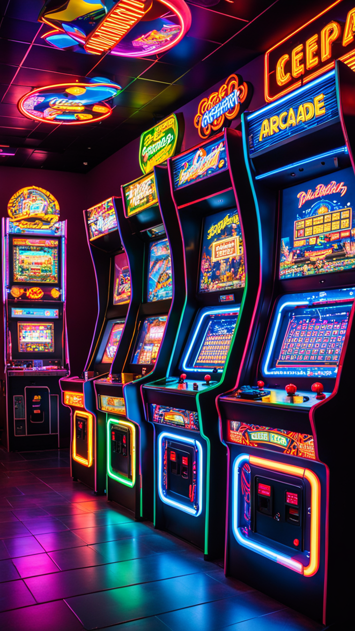 Neon-drenched retro arcade hall featuring a mix of classic a... by ...
