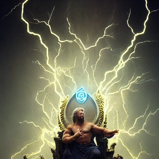 Zeus sitting on a throne surrounded by lightening bolts by Clarence ...