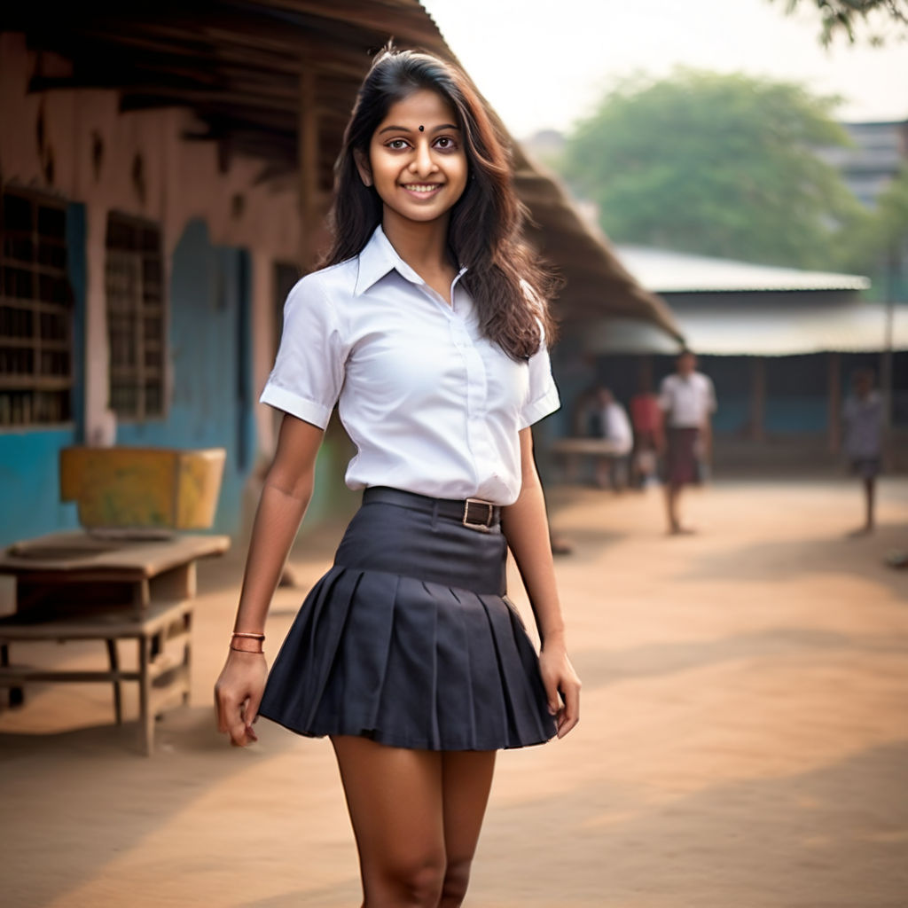 Long shot of indian school girl with short skirt and a playf... by ...
